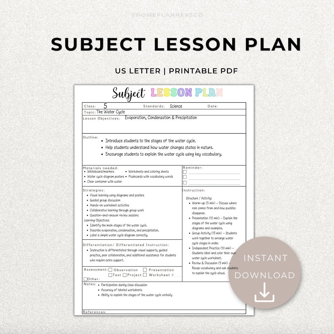 Lesson Plan Template - Printable Daily Lesson Planner, Detailed Subject ...