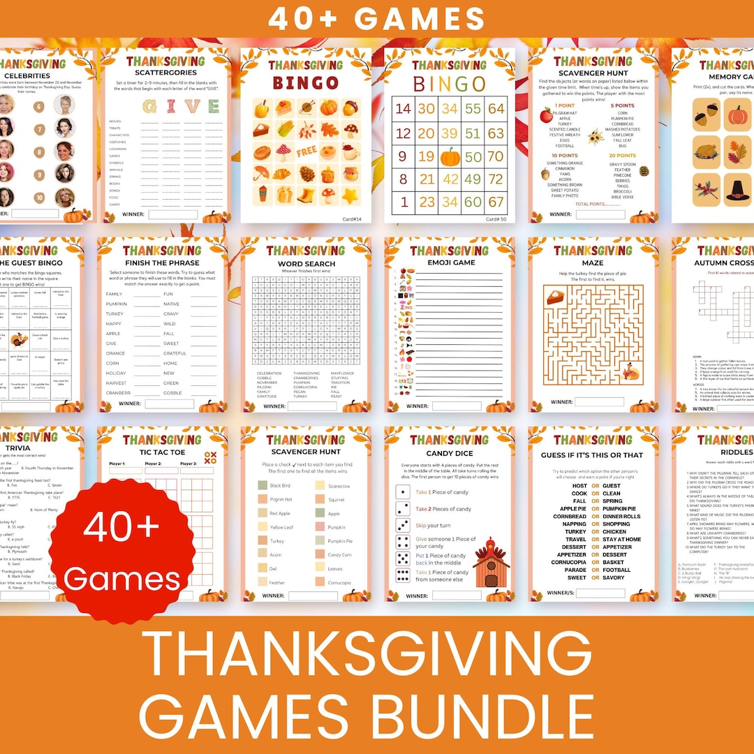 40+ THANKSGIVING GAMES BUNDLE, Printable Family Games, Autumn Games for ...