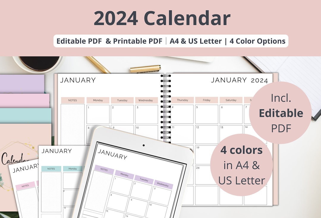EDITABLE 2024 Calendar, Fillable Printable 2024 Monthly Calendar ...