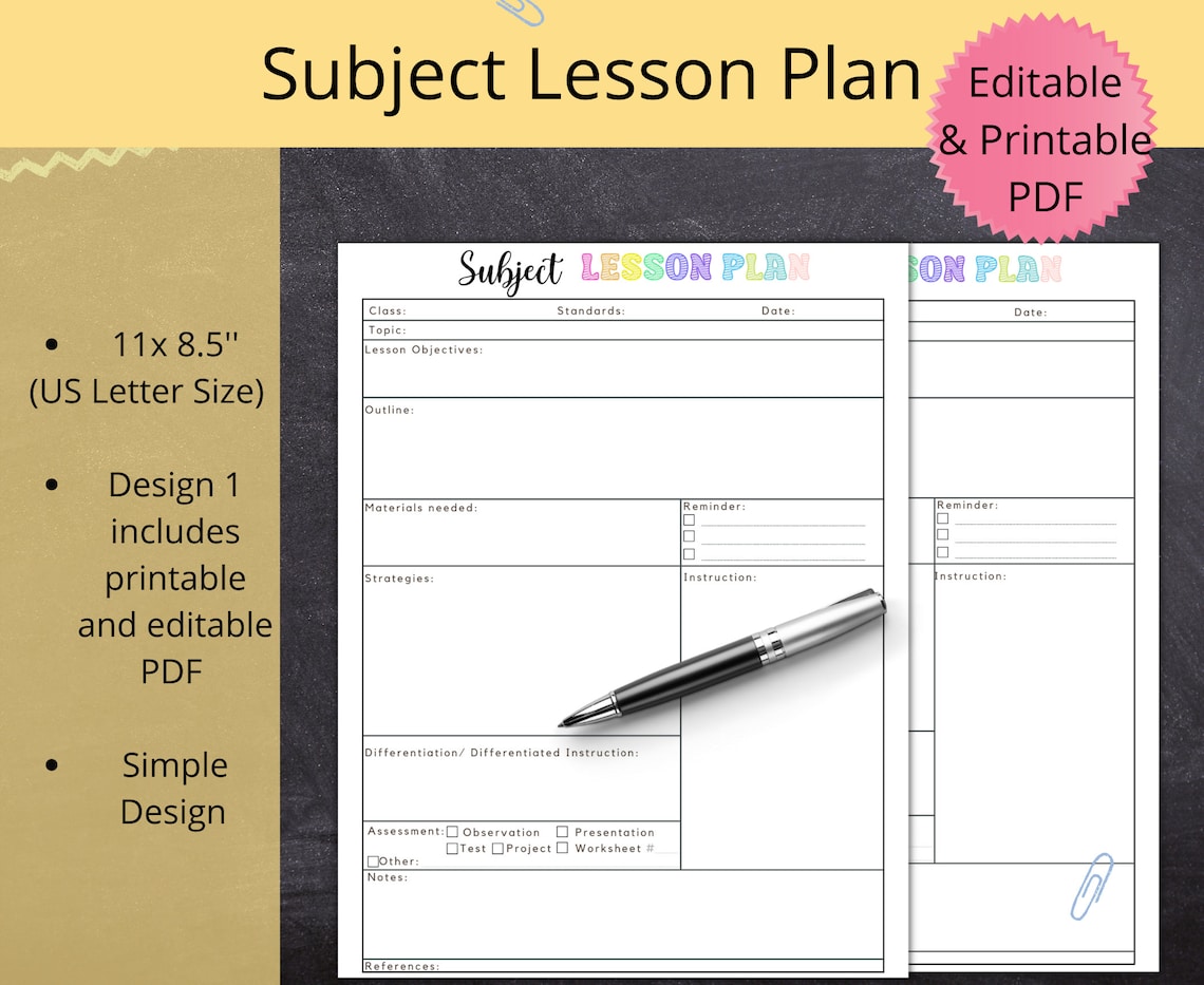 Editable Subject Lesson Plan Template Printable Digital - Etsy