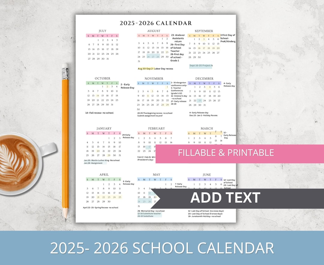 2025-2026 School Calendar: Printable Fillable Academic Calendar ...