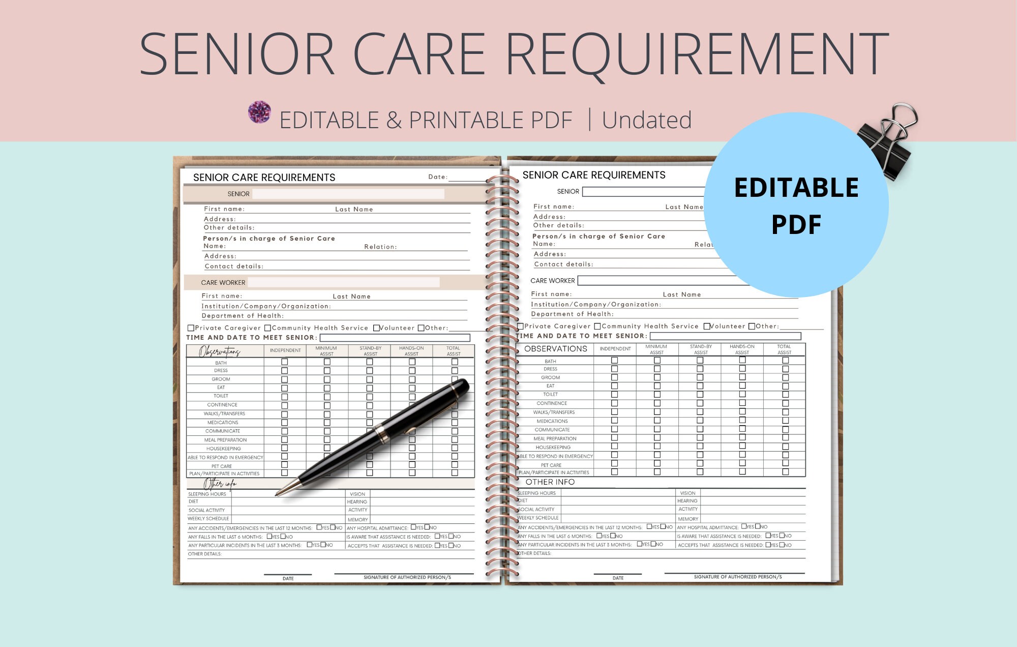 EDITABLE Care Assessment Report, Senior Care Requirements Checklist ...