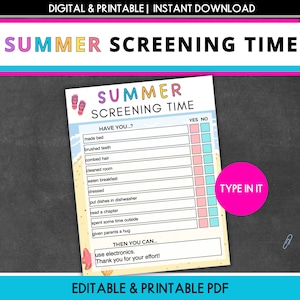 Kids Screen Time Chart Checklist Editable Printable Screen Time Chore ...