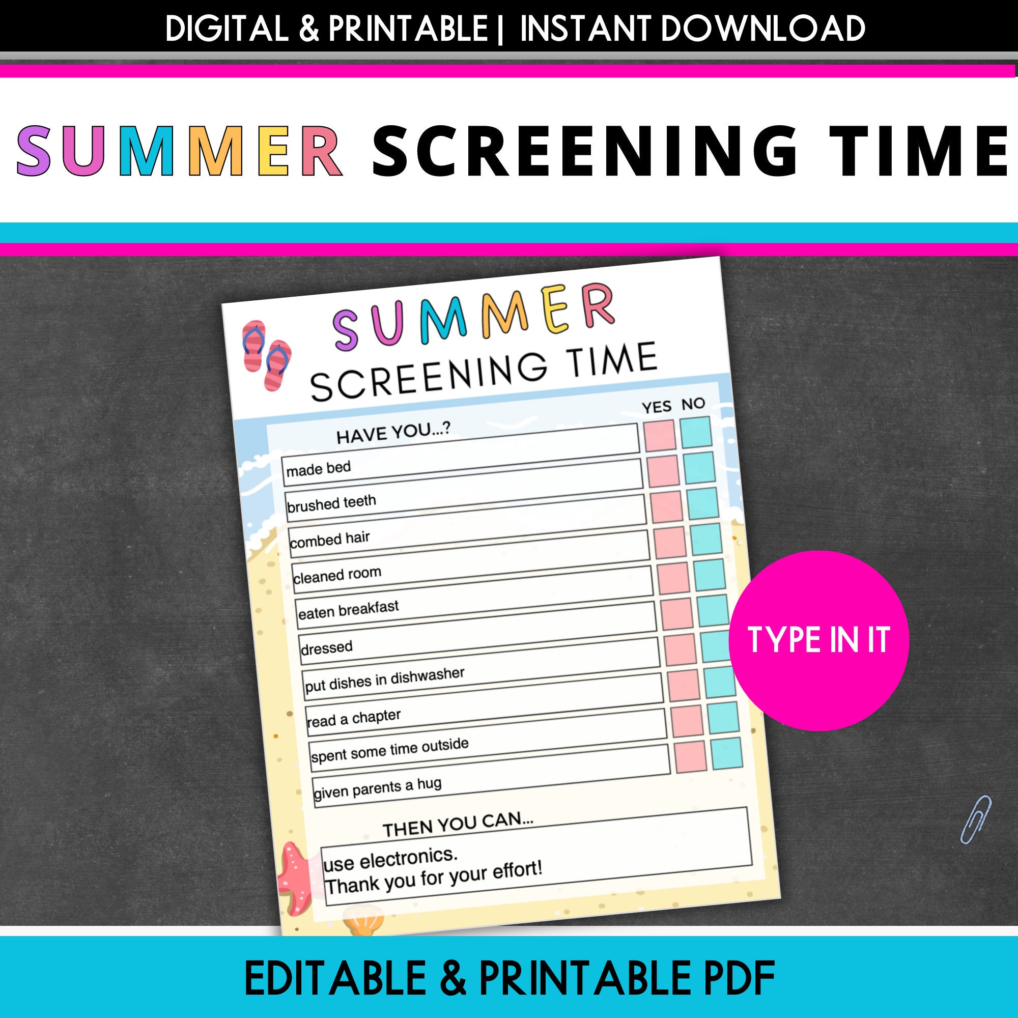 Kids Screen Time Chart Checklist Editable Printable Screen Time Chore ...