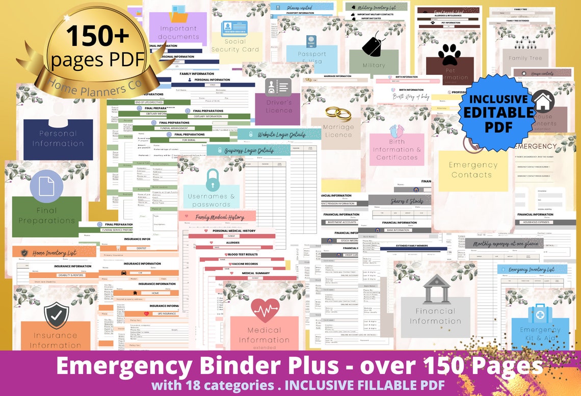 EDITABLE Emergency Binder Plus Family Binder Life Planner - Etsy