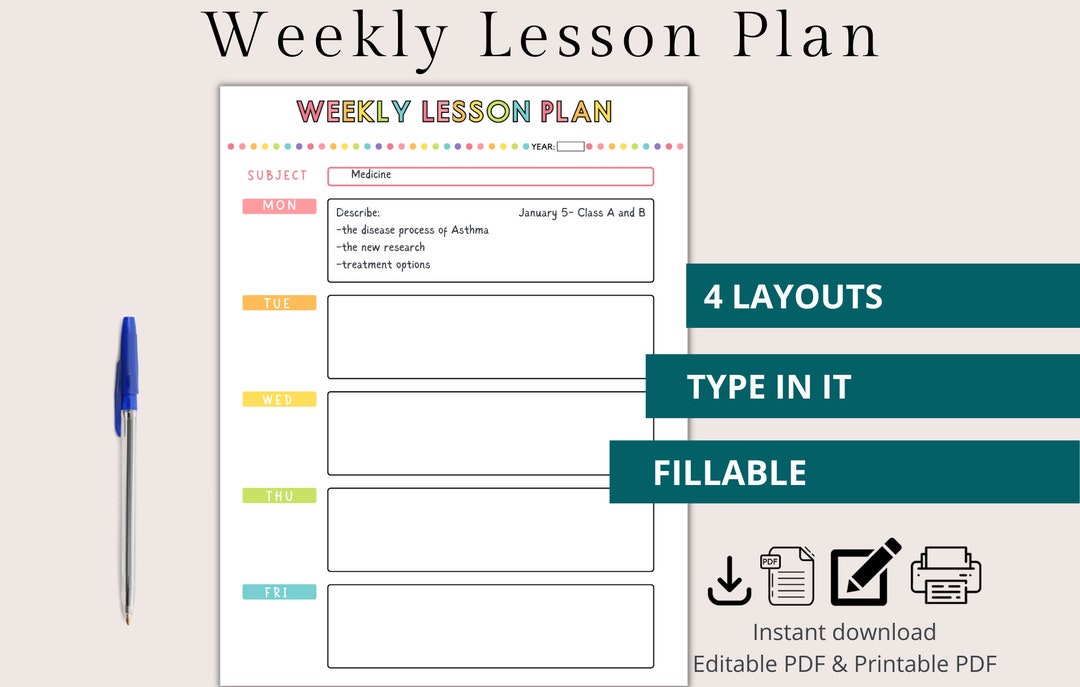 EDITABLE Weekly Lesson Plan Fillable Printable Weekly Schedule ...