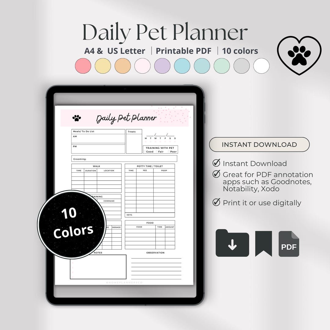 Daily Pet Planner: Printable Pet Tracker, Care Log for Dogs & Cats ...