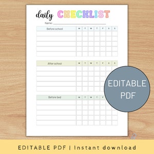 Kids Daily School Checklist Editable Printable Daily Chore Chart ...