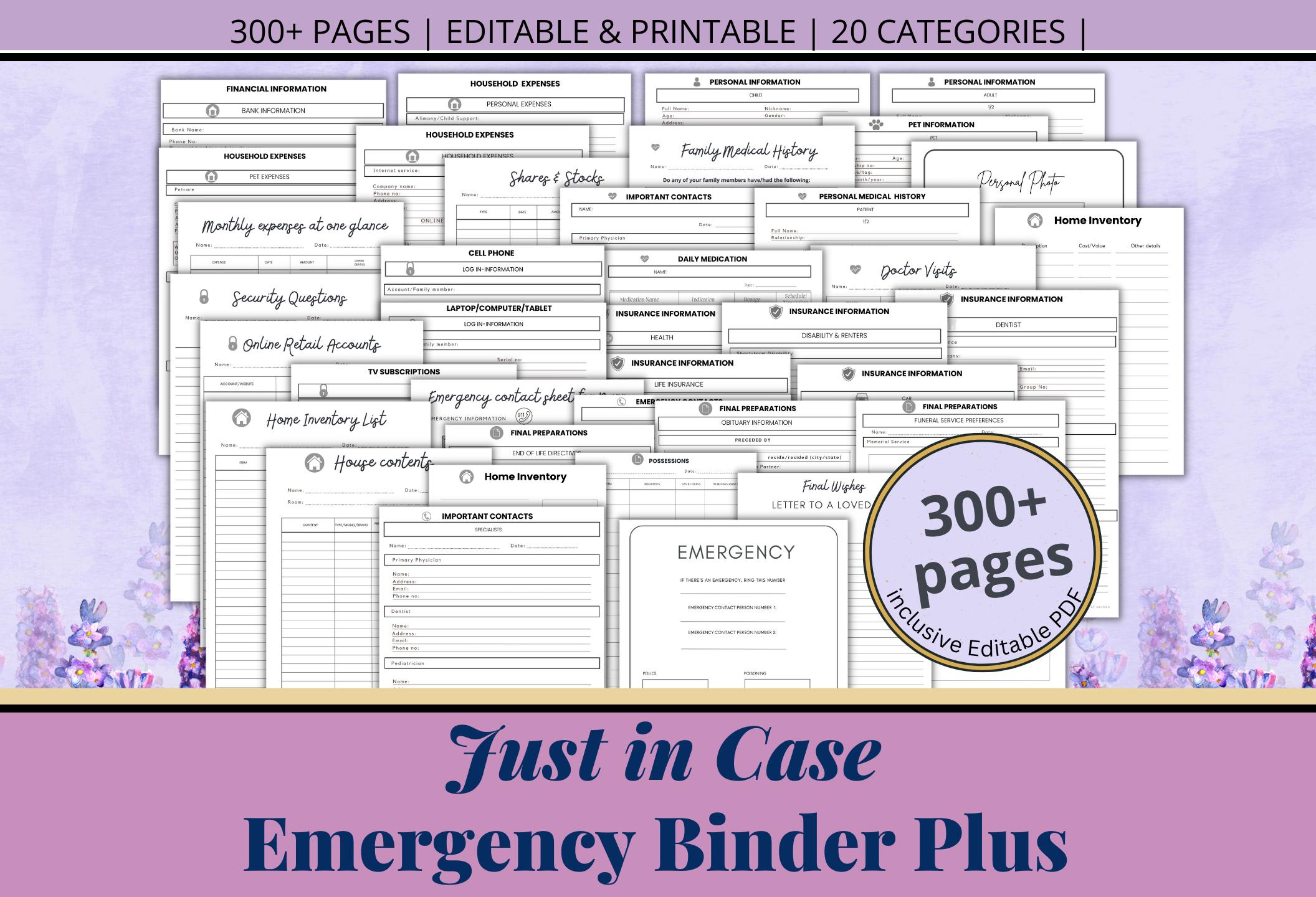 EDITABLE Just in Case Emergency Planner, "what If" Binder, Disaster ...