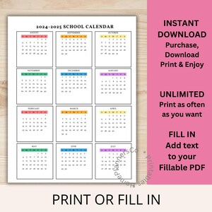 School Calendar 2024- 2025 Editable Fillable Printable School Planner ...