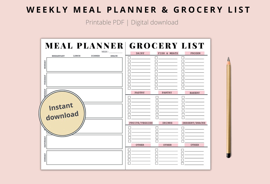 Printable Weekly Meal Planner & Grocery List Planner Insert - Etsy