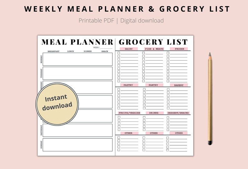 Printable Weekly Meal Planner & Grocery List Planner Insert - Etsy