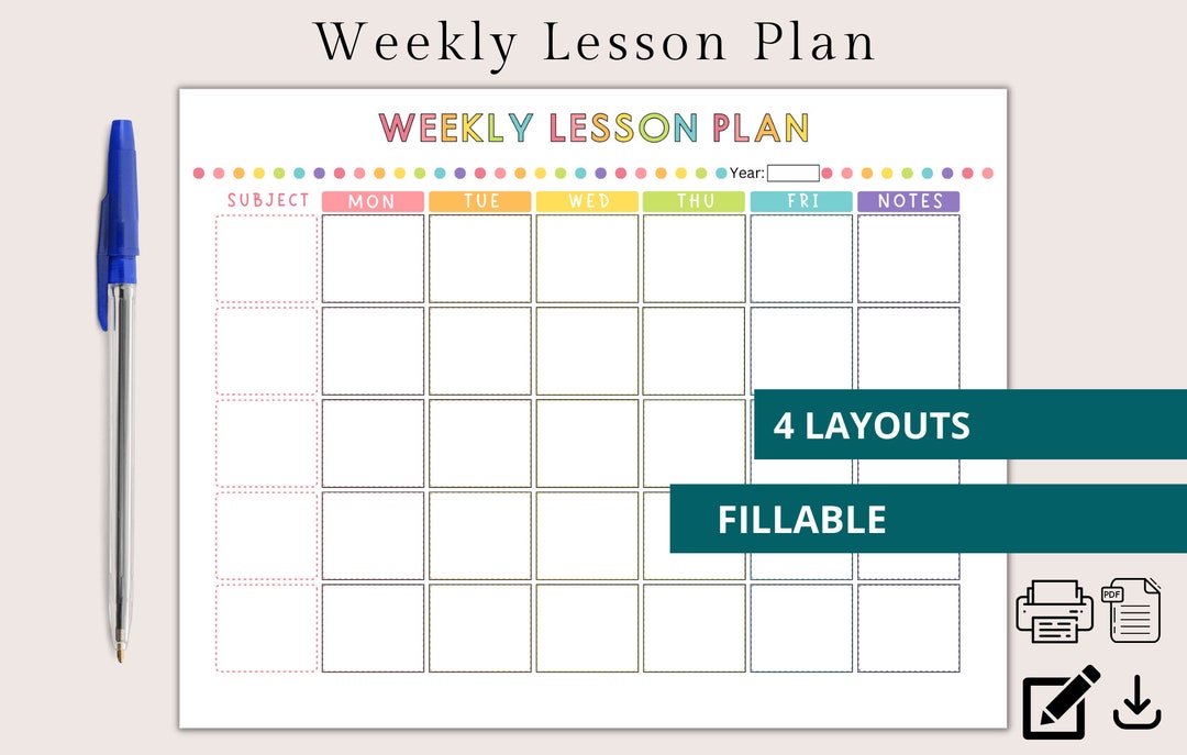 Fillable Weekly Plan Lessons Plan Editable Teacher Lesson Plan Student ...