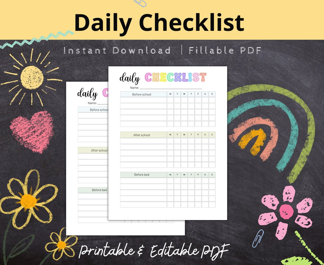 Editable Daily Checklist Printable Fillable Daily Chore Chart, Screen ...