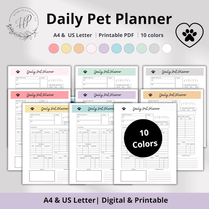 Daily Pet Planner: Printable Pet Tracker, Care Log for Dogs & Cats ...