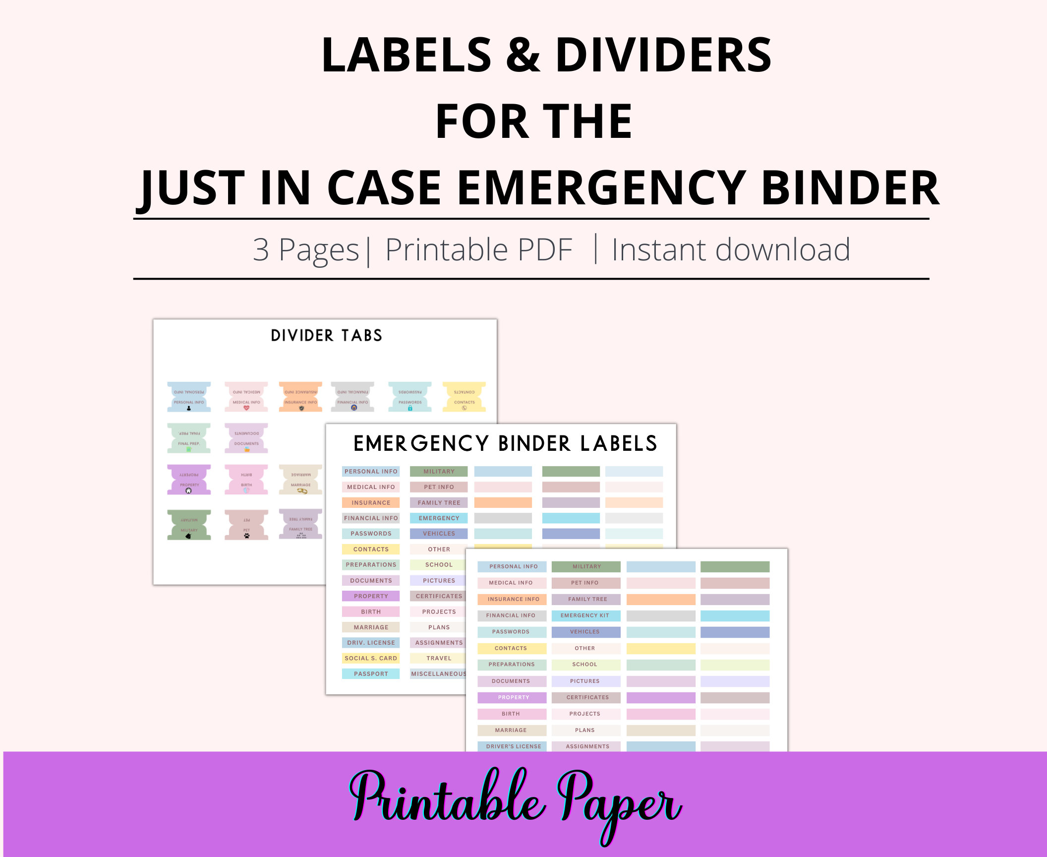 Printable Divider Tabs and Binder Labels for Just in Case Emergency ...