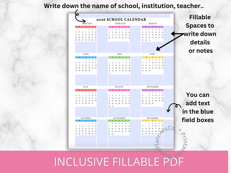 2026 Editable School Calendar Template for Preschool, Daycare ...