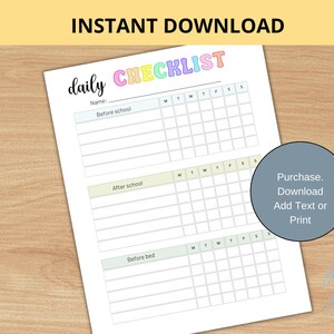 Kids Daily School Checklist Editable Printable Daily Chore Chart ...