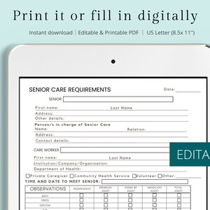 EDITABLE Care Assessment Report, Senior Care Requirements Checklist ...