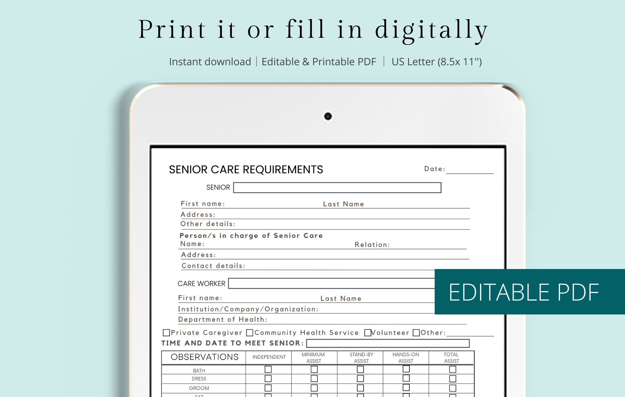 EDITABLE Care Assessment Report Senior Care Requirements - Etsy