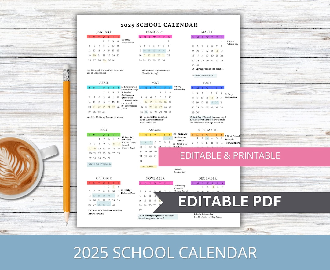 2025 Editable School Calendar Template for Preschool, Daycare ...