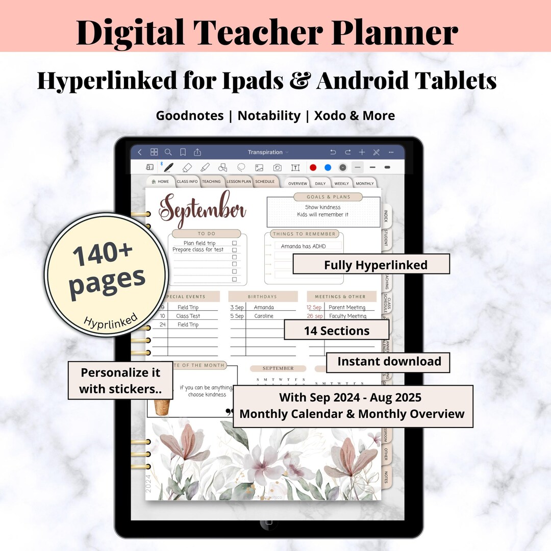 Digital Teacher Planner 2024-2025 With Hyperlinks for Goodnotes ...