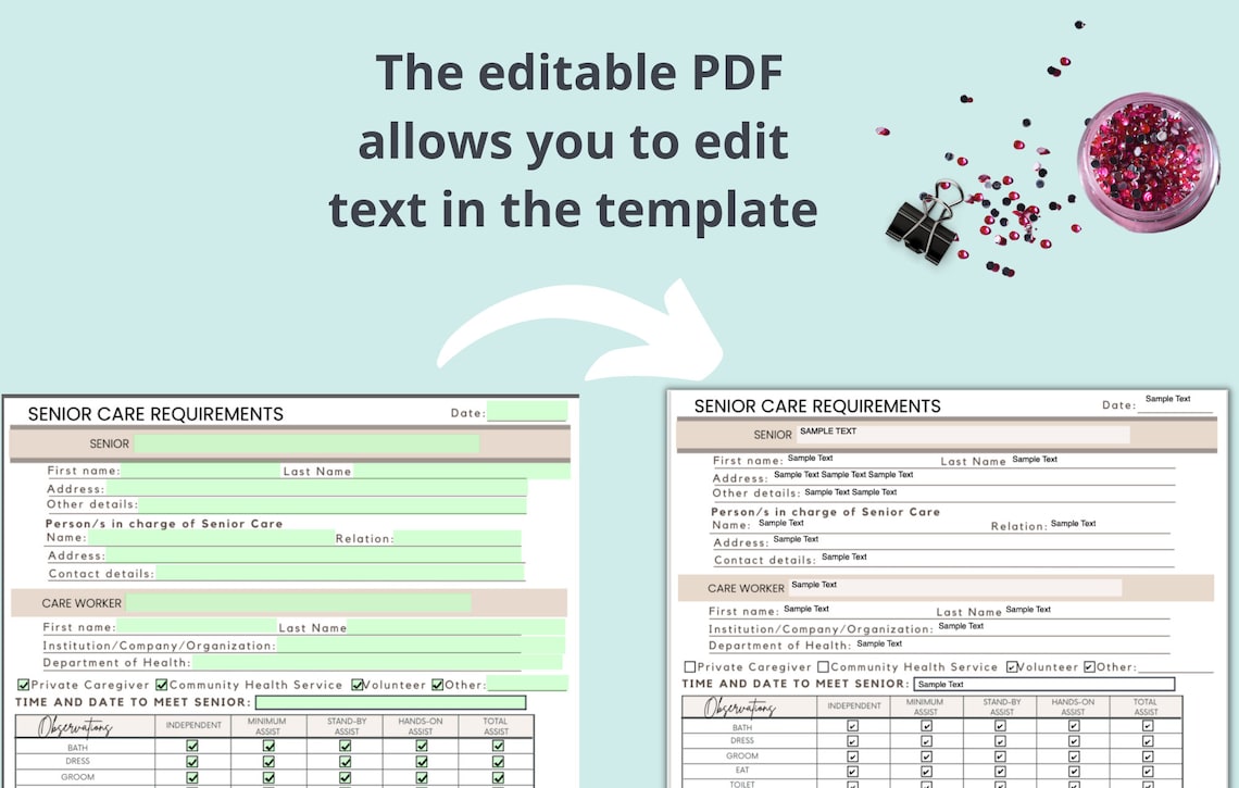 EDITABLE Care Assessment Report, Senior Care Requirements Checklist ...