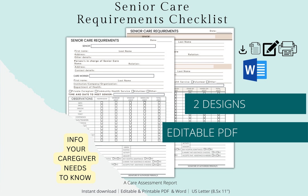 EDITABLE Care Assessment Report, Senior Care Requirements Checklist ...