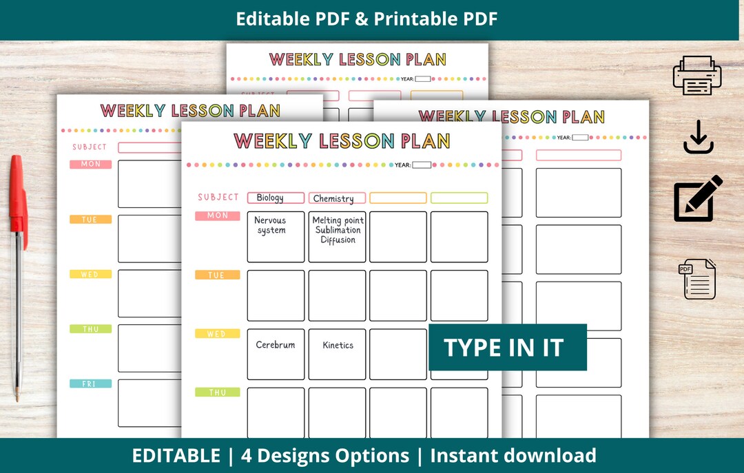 Weekly Lesson Plan Editable Printable Lesson Plan, Simple School Plan ...