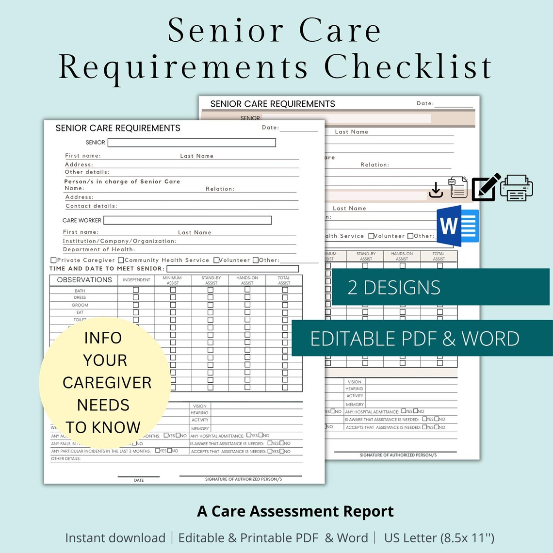 EDITABLE Care Assessment Report, Senior Care Requirements Checklist ...