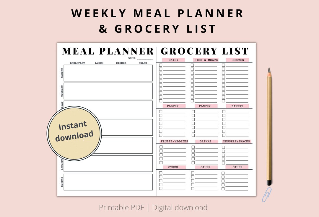 Printable Weekly Meal Planner & Grocery List Planner Insert - Etsy