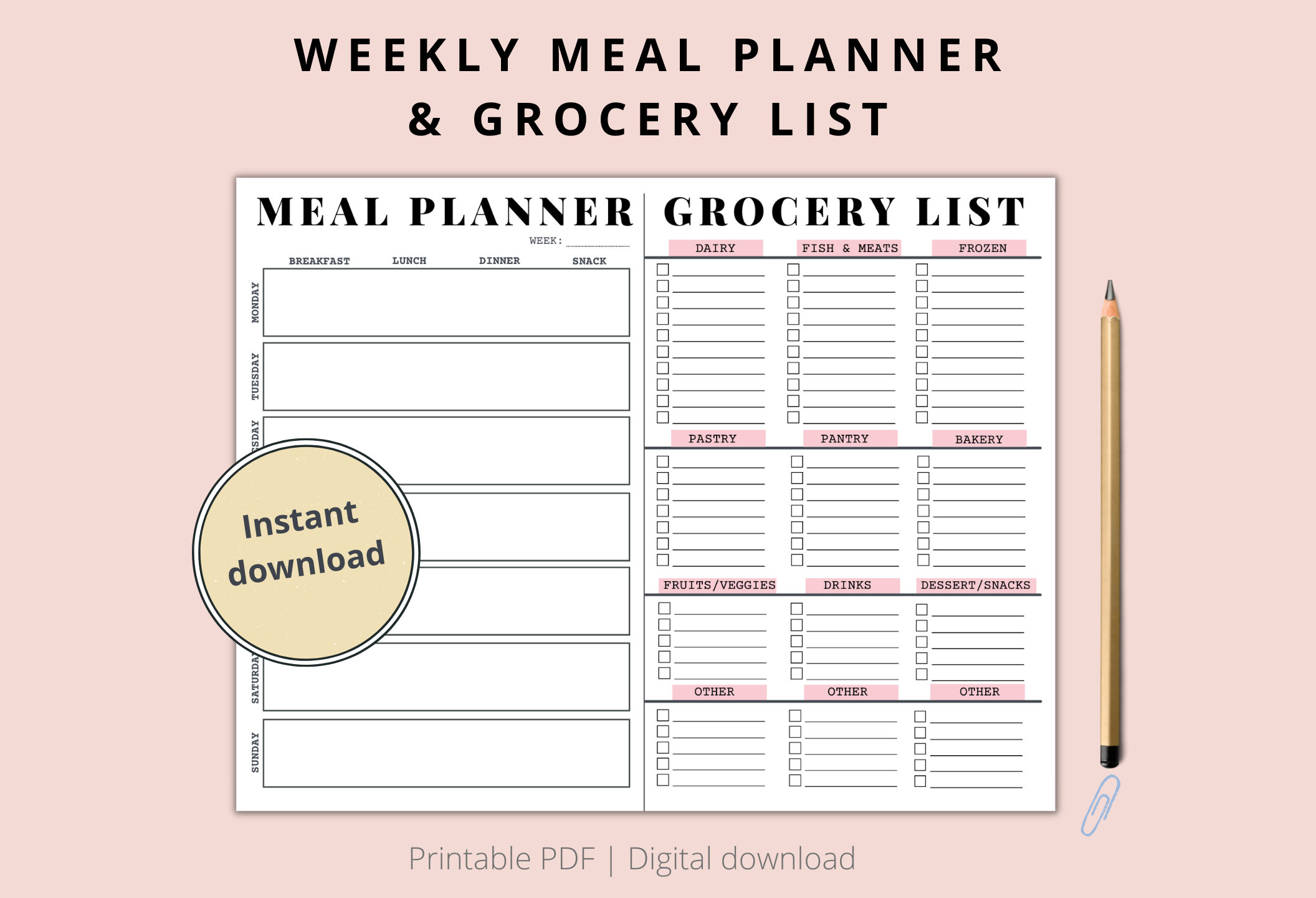 Printable Weekly Meal Planner & Grocery List Planner Insert - Etsy