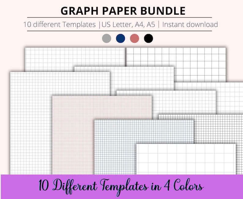 Graph Paper Bundle 4 Colors Blue Red Black Gray Printable Graph Grid ...
