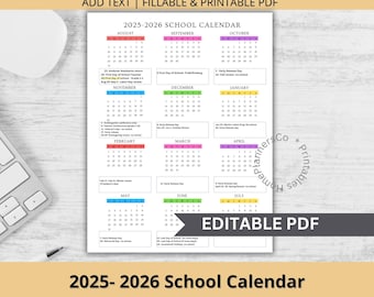 School Calendar 2025- 2026 Perfect for Preschool, Daycare or Childcare ...