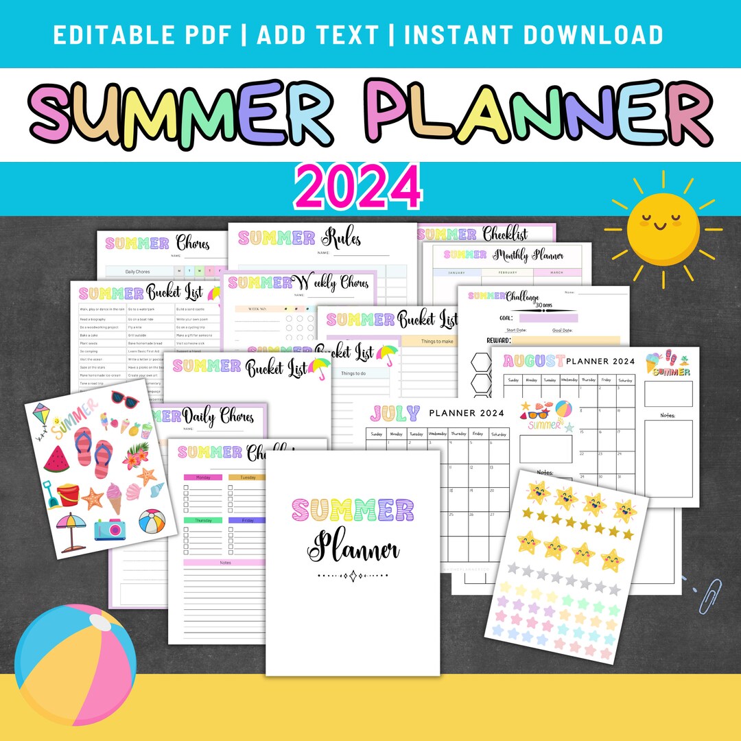Editable Summer Planner 2024 Printable Summer Calendar, Summer Kids ...