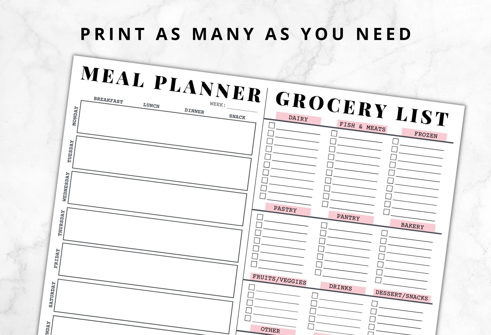 Printable Weekly Meal Planner & Grocery List | 7 Day Menu Plan, Grocery ...