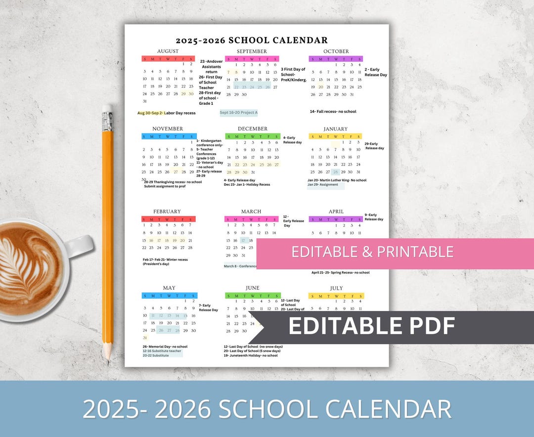 2025-2026 Editable School Calendar Template for Preschool, Daycare ...