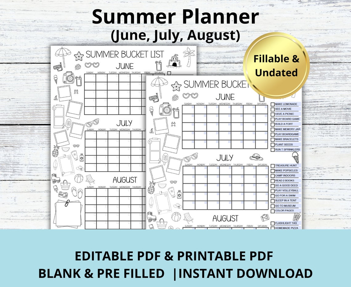 Printable Summer Calendar Poster Editable Summer Planner Undated Summer ...