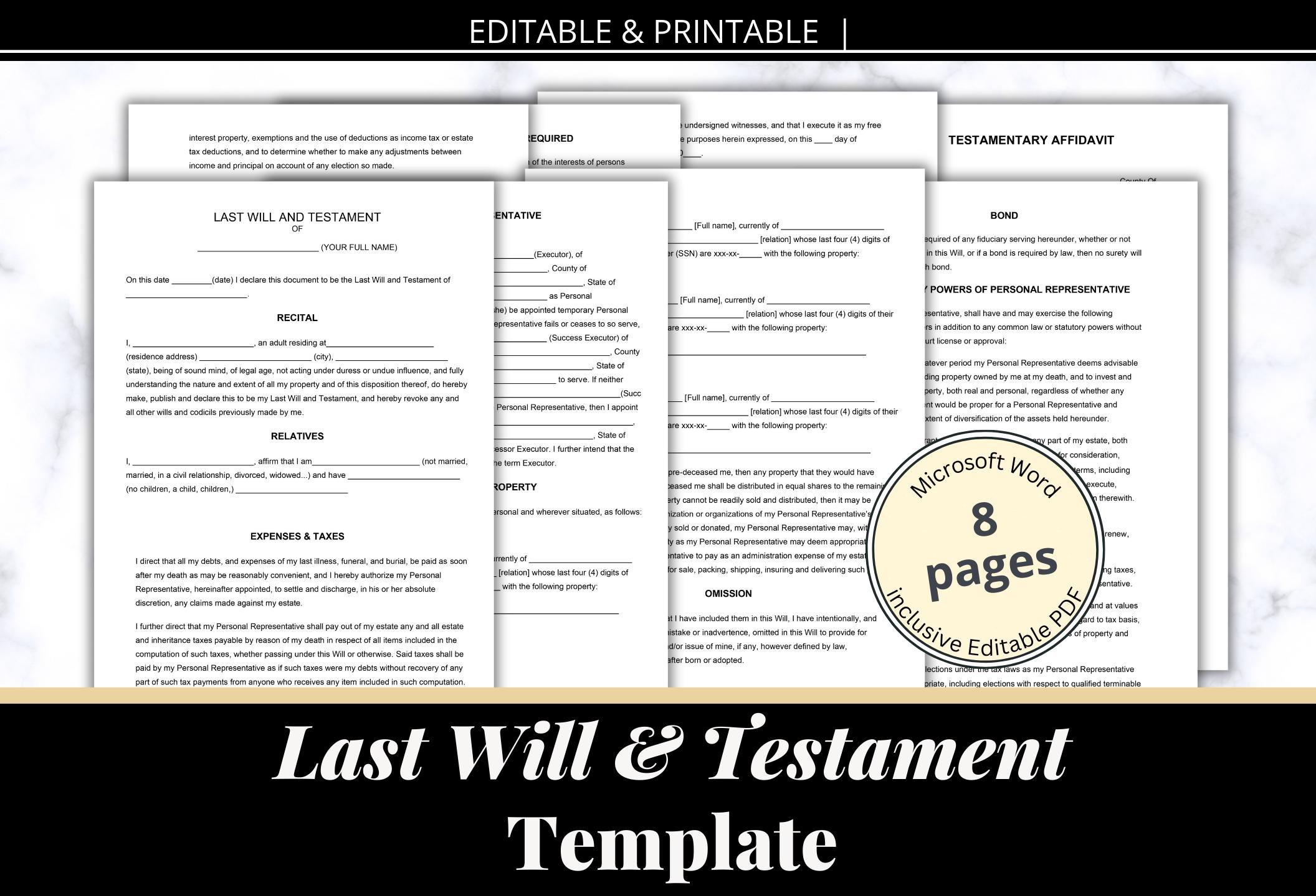 EDITABLE Last Will and Testament Template, Living Will and Trust, Will ...