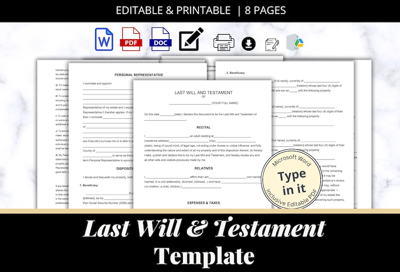 EDITABLE Last Will and Testament Template, Living Will and Trust, Will ...