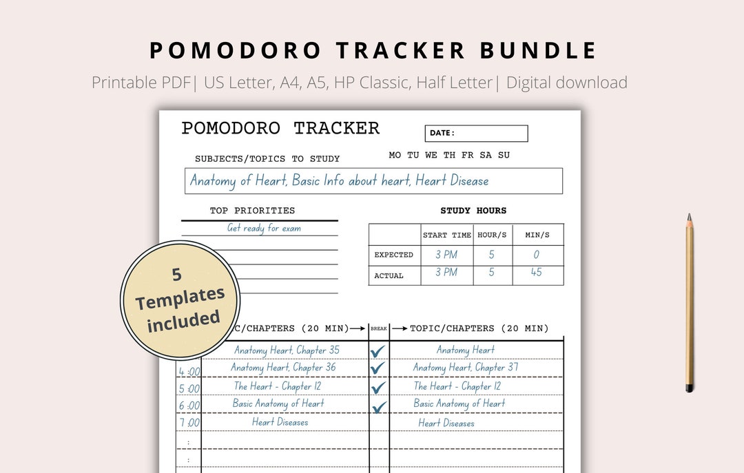 Pomodoro Tracker Bundle Pomodoro Planner, Productivity Planner, Study ...