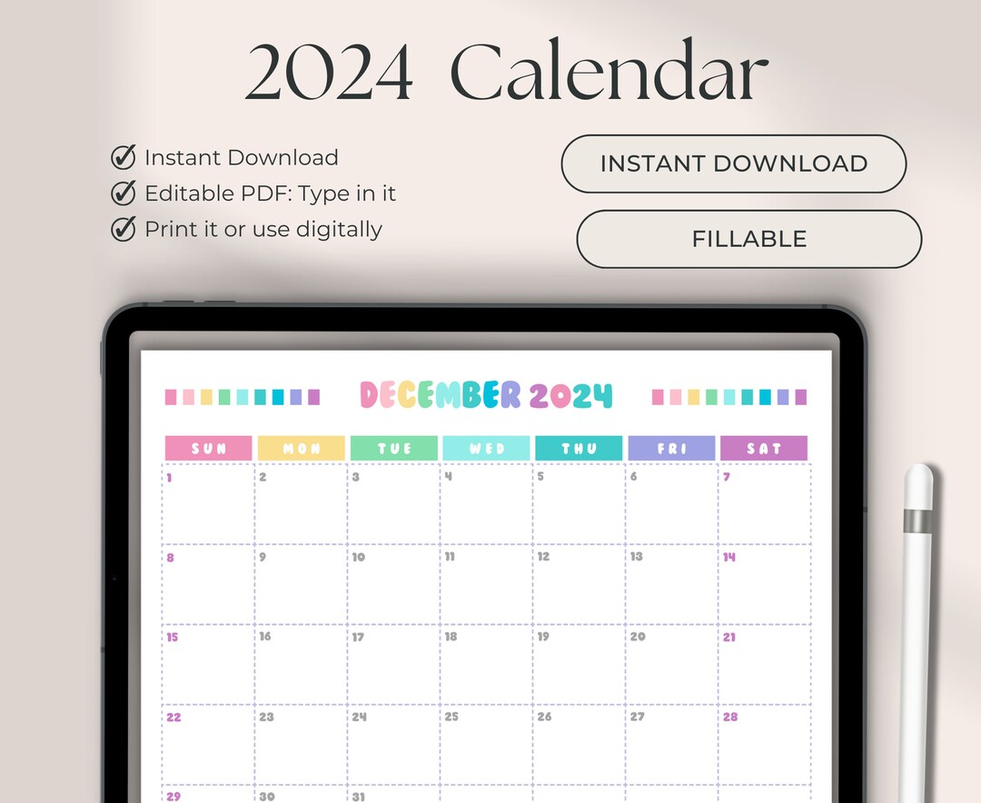 EDITABLE 2024 Calendar, Printable Fillable Monthly Calendar, A4, A5, 8. ...