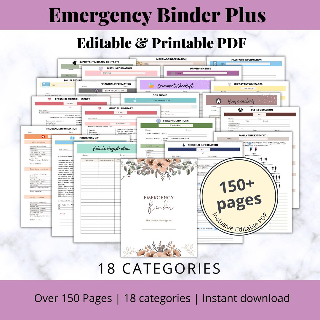 EDITABLE Emergency Binder Plus, Family Binder, Life Planner, Emergency ...