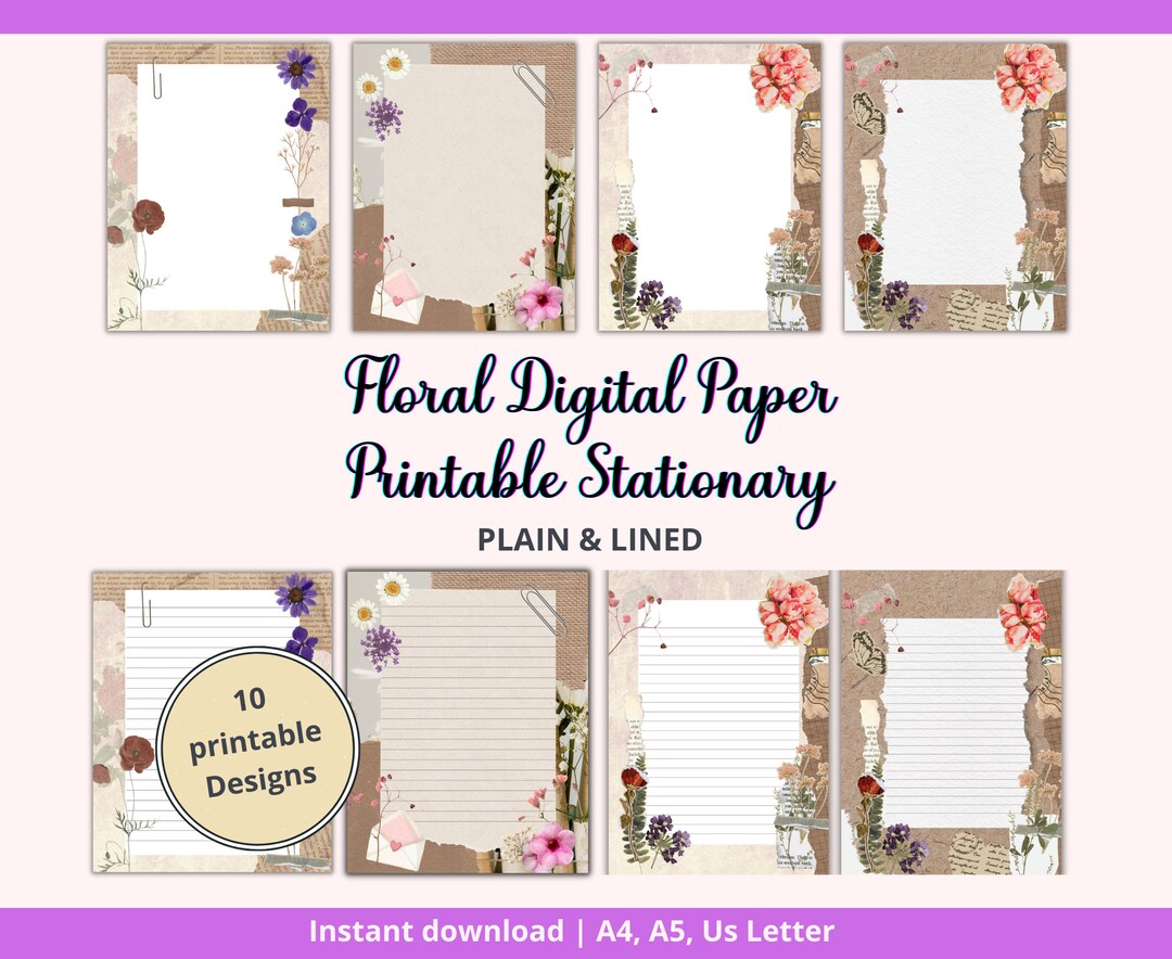 Floral Prints Paper Bundle, Writing Bundle Notes, Printable Stationery ...