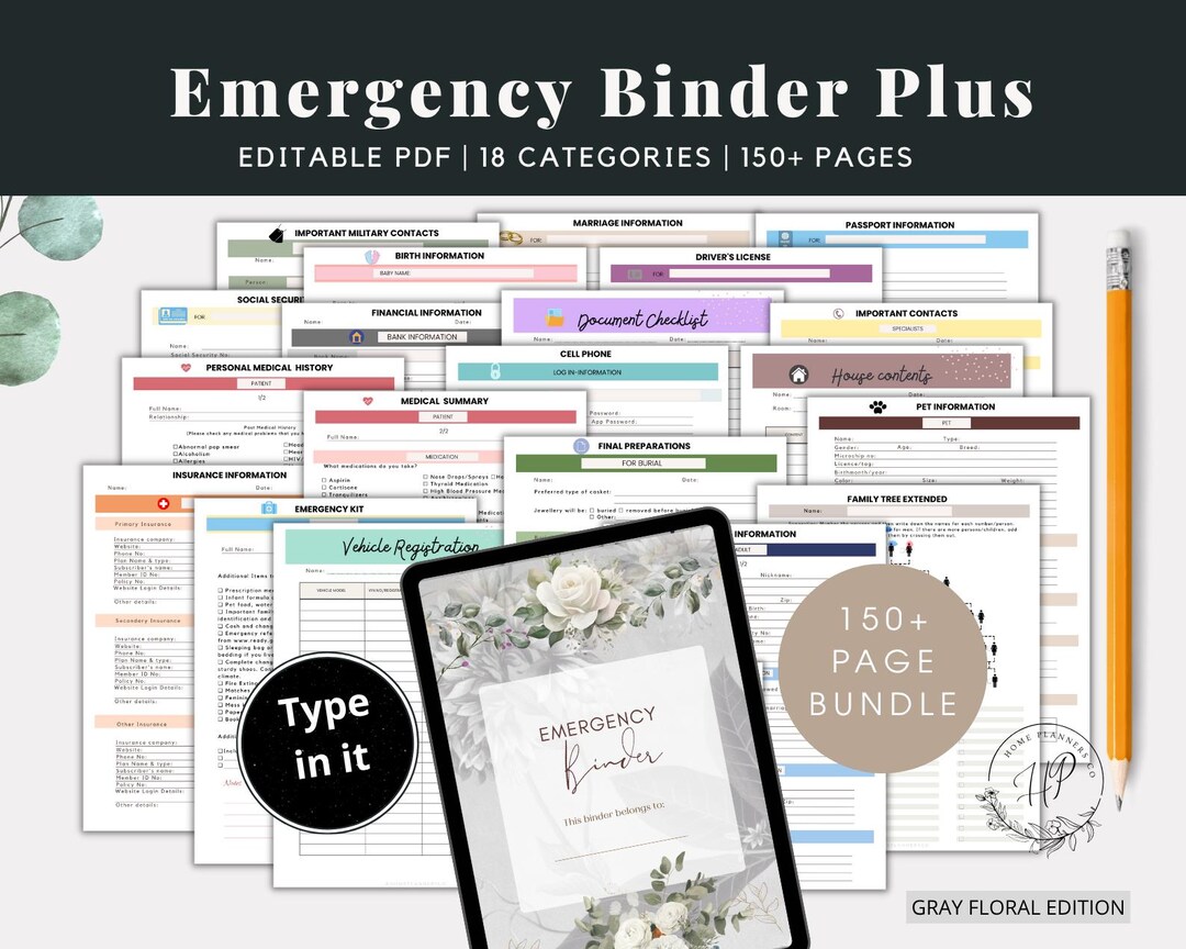 Emergency Planner Plus Fillable Printable Emergency Binder, Just in ...