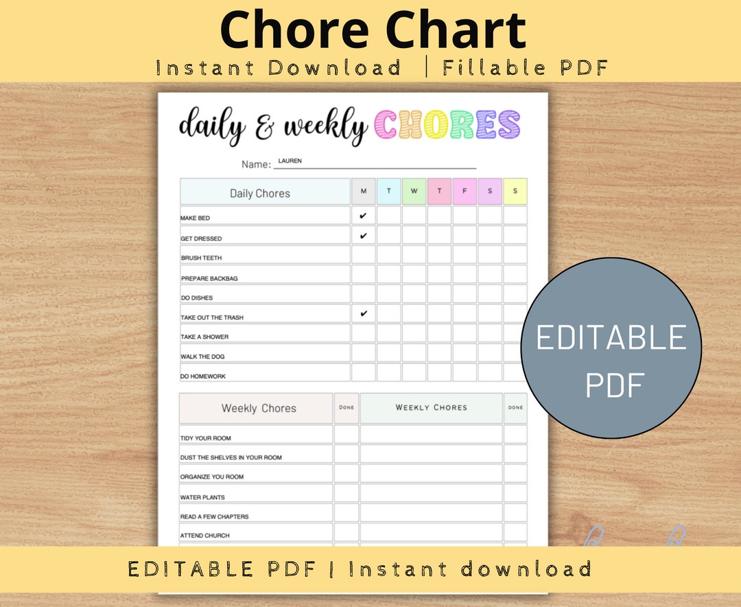 Editable Chore Chart, Printable Daily & Weekly Kids Chore ...