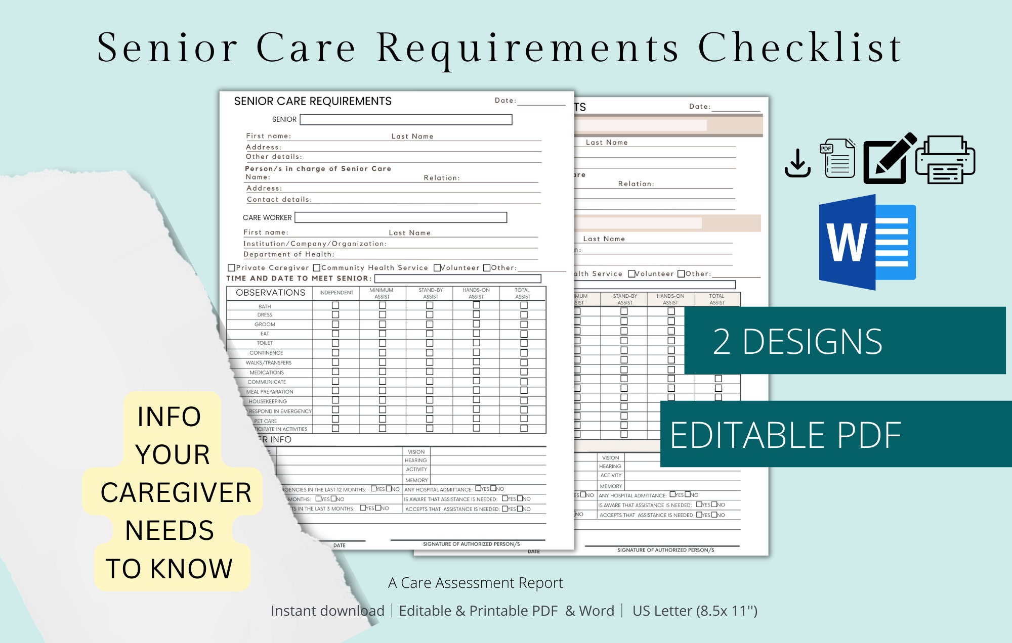 EDITABLE Care Assessment Report Senior Care Requirements - Etsy