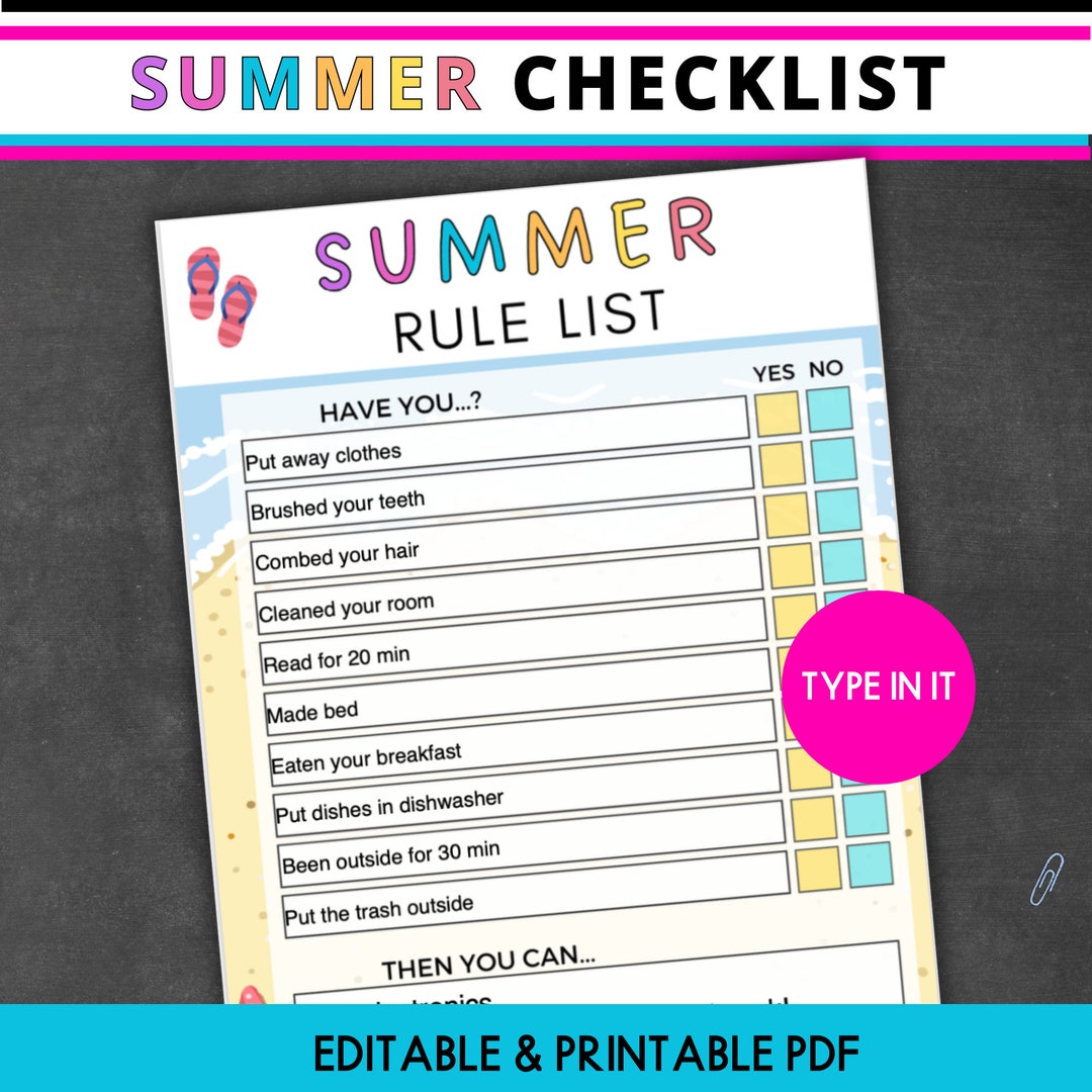 Kids Summer Checklist Editable Printable Summer Rules Screen Time Chore ...