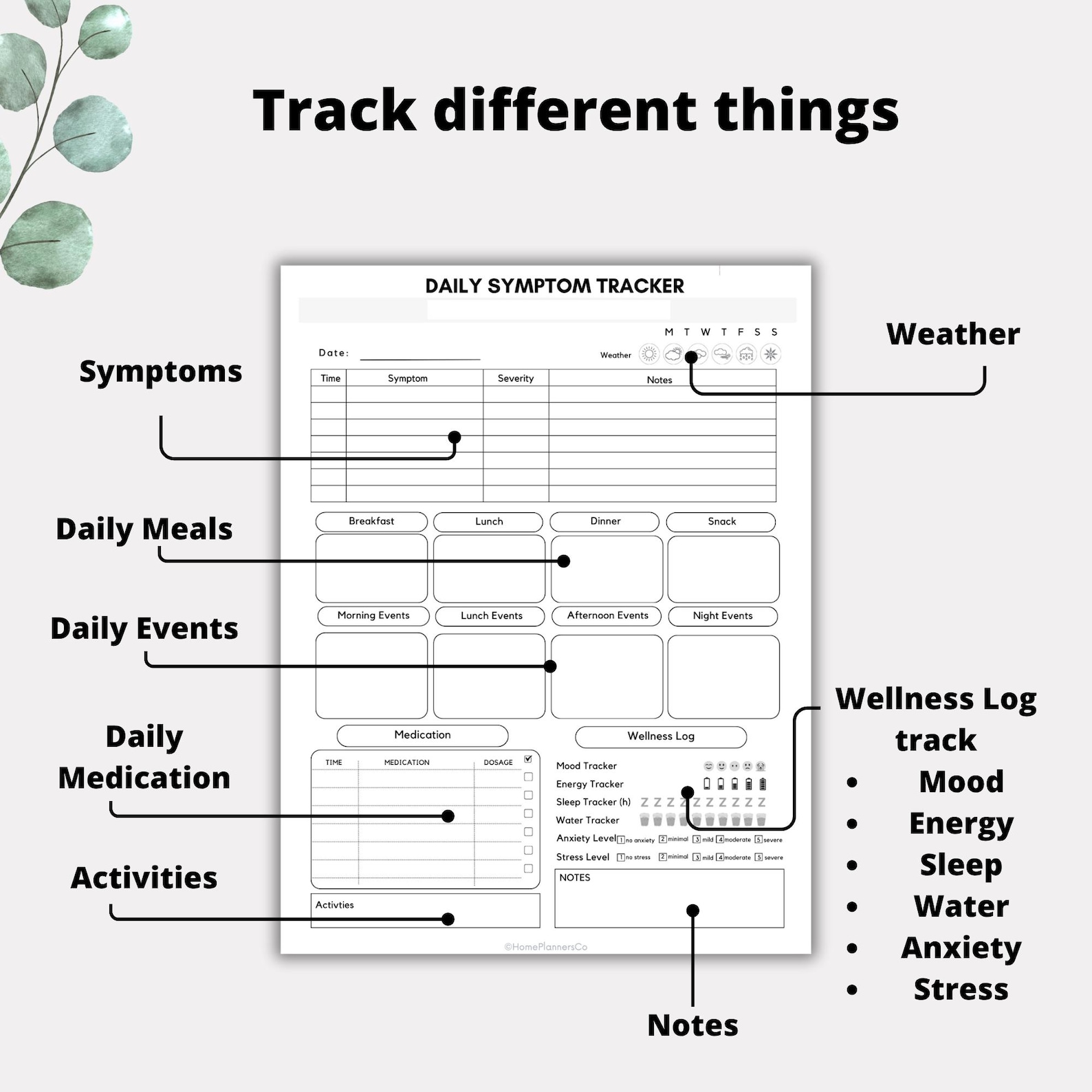 Symptom Tracker Printable | Health Log, Meal & Mood Tracker, Medication ...