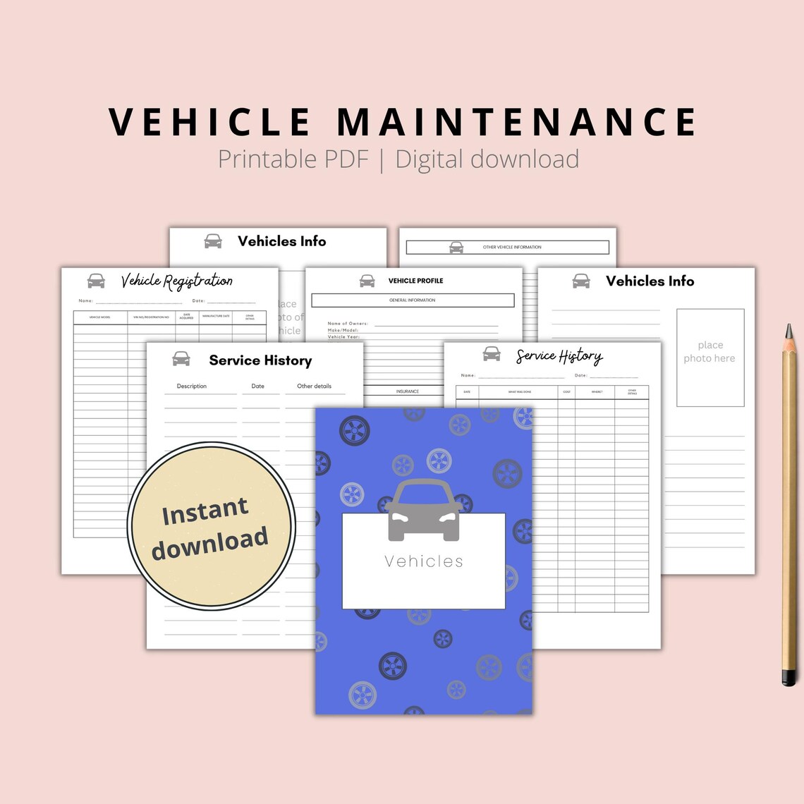 Printable Vehicle Maintenance Log | Vehicle Car Expense Log | Vehicle ...
